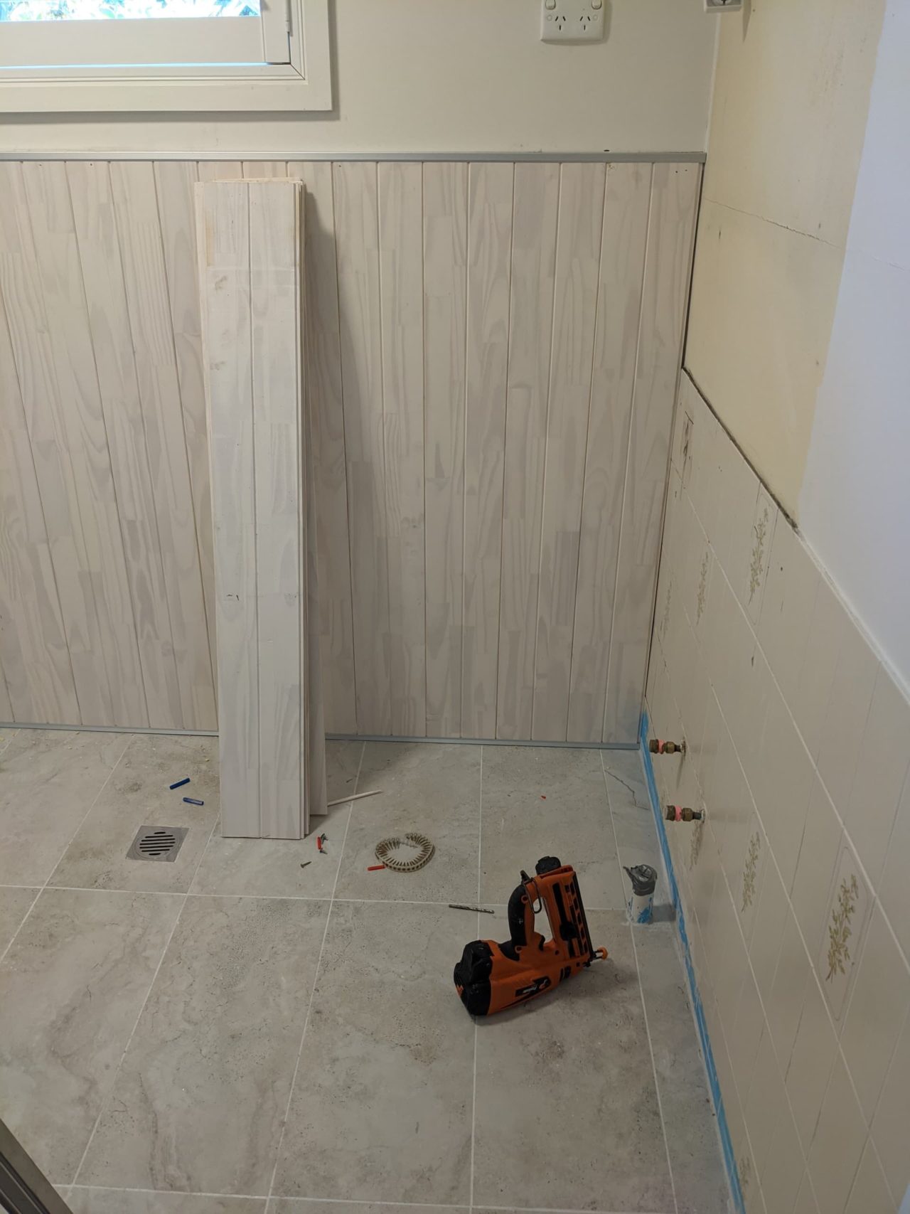 VJ panelling half wall bathroom helped us save money