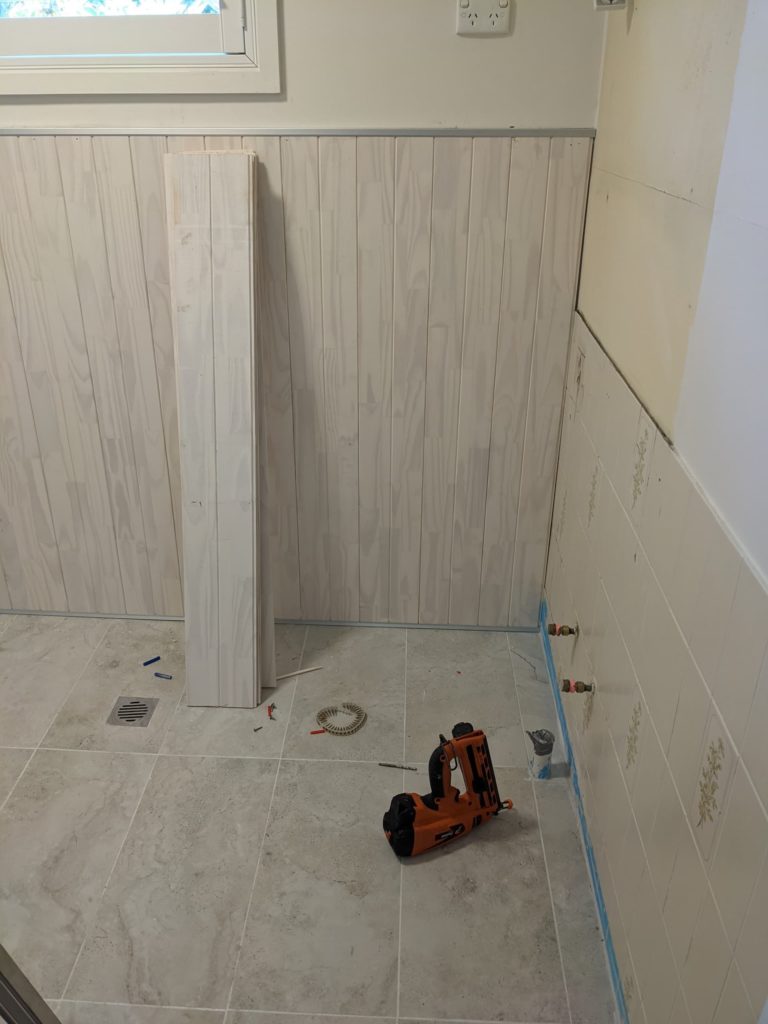 VJ panelling half wall bathroom helped us save money