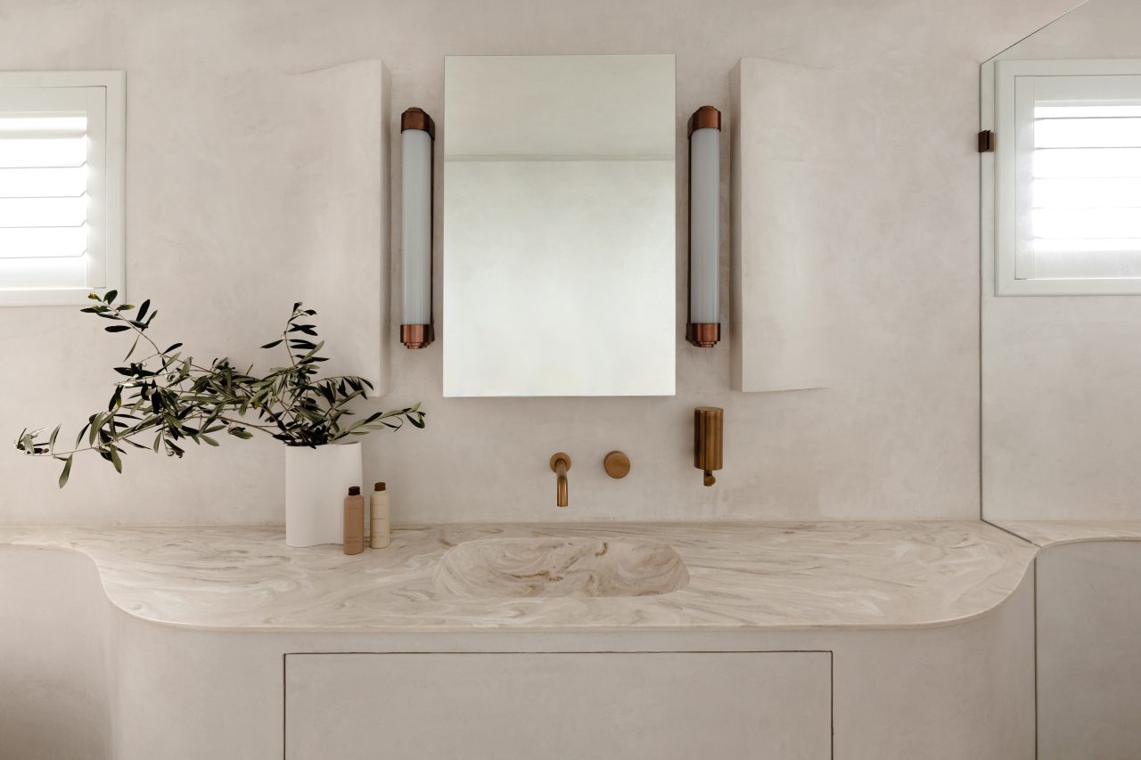 Stunning curved ledge and Venetian plaster create spa like feel - The ...